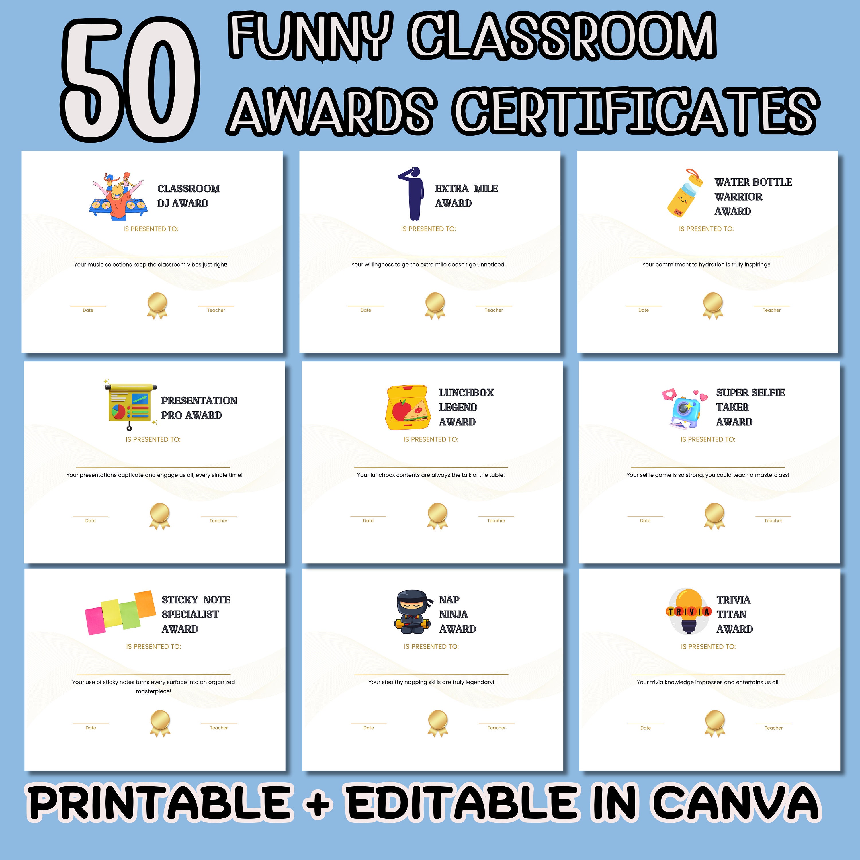 Funny Classroom Awards Certificates Editable in Canva, End of School ...