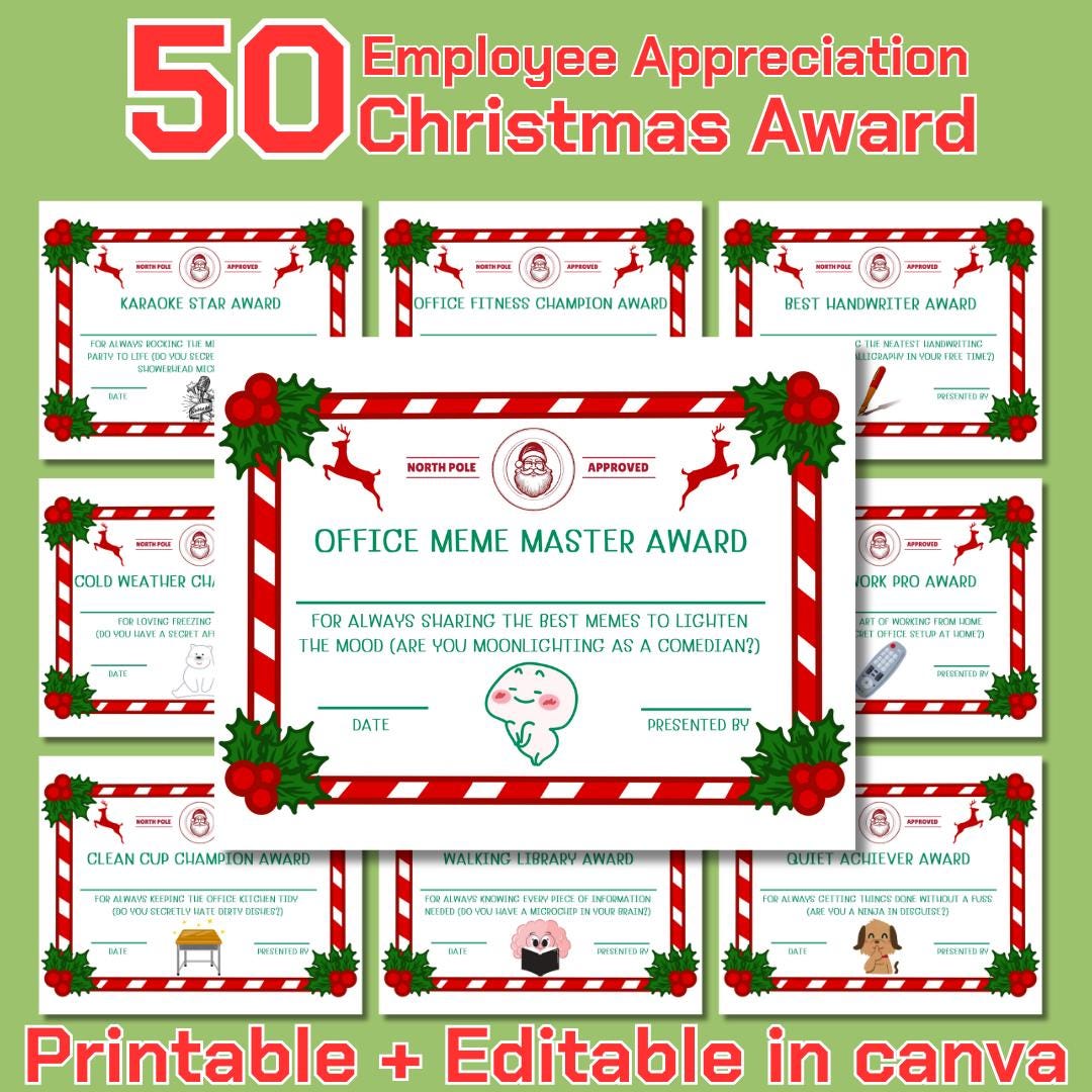 Funny Christmas Employee Award Certificates: Editable Coworker Gift ...