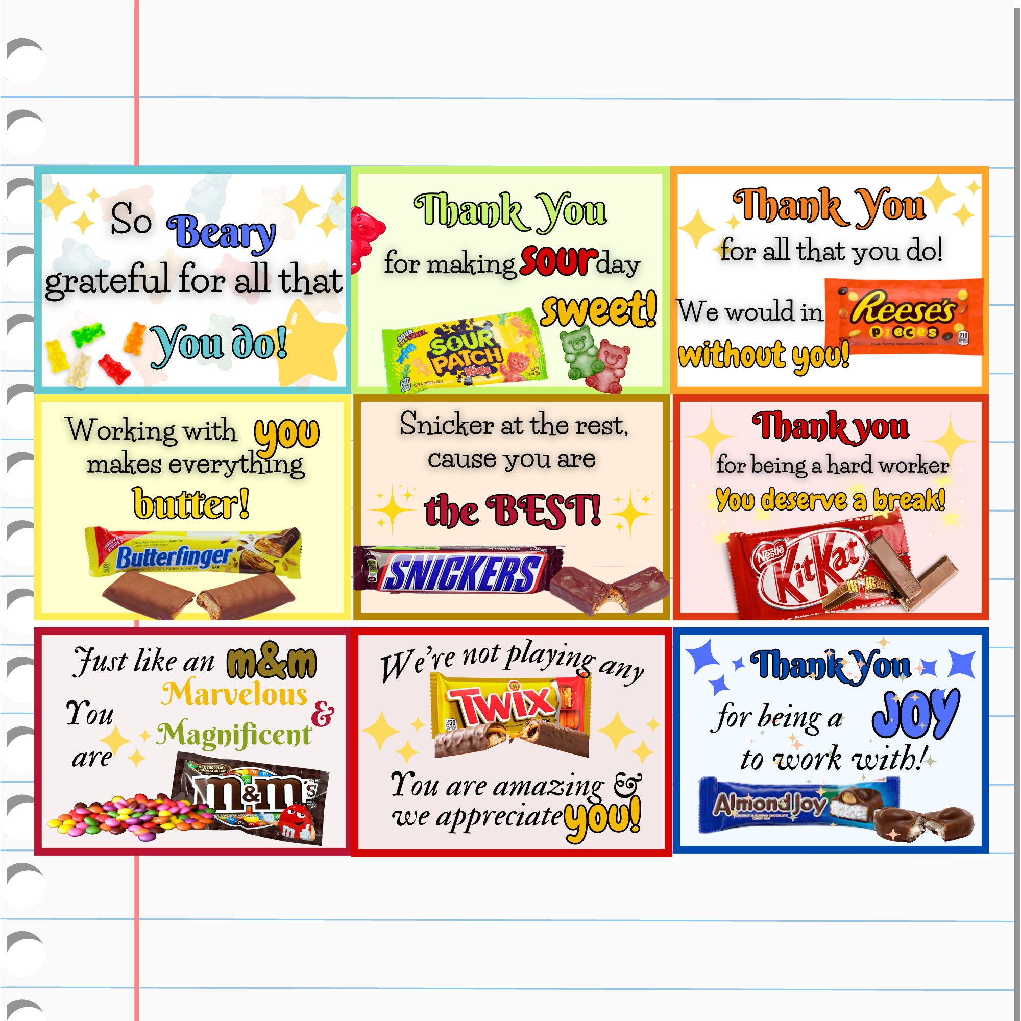 Employee Candy Bar Gift Tags Thank You Notes for Employee Appreciation ...