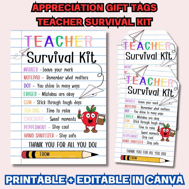 Editable Teacher Survival Kit Gift Tags (PDF) - Etsy