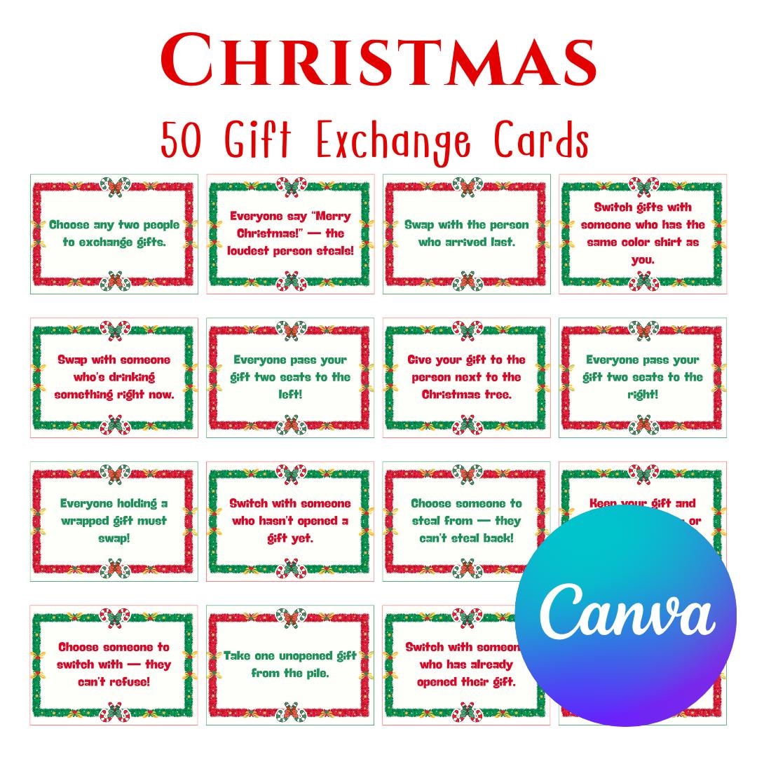 Funny Christmas Gift Exchange Game | 50 Holiday Party Cards (printable ...