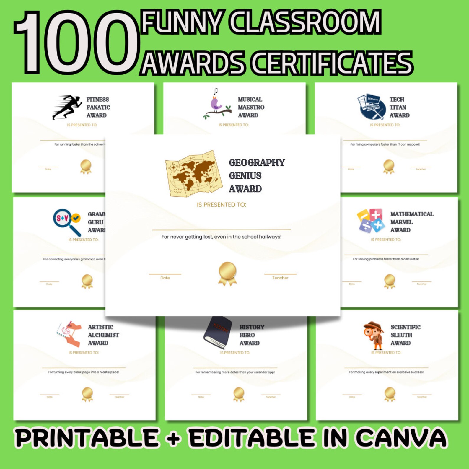 Funny Classroom Awards Certificates Editable in Canva, End of School ...