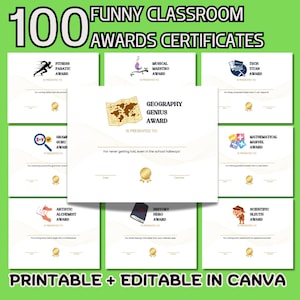 Funny Classroom Awards Certificates Editable in Canva, End of School ...