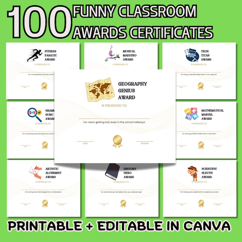 Funny Classroom Awards Certificates Editable in Canva, End of School ...