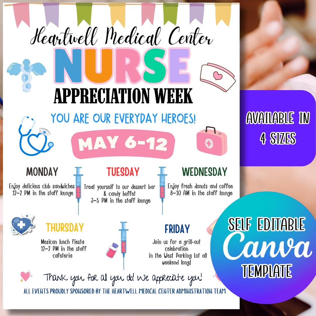 Nurse Appreciation Week Itinerary Template: Medical Staff Events (canva ...