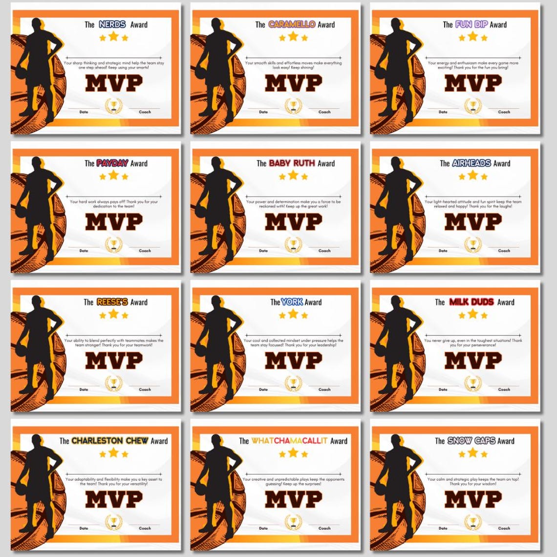 Basketball Candy Bar Awards: Team Recognition Certificates (digital ...