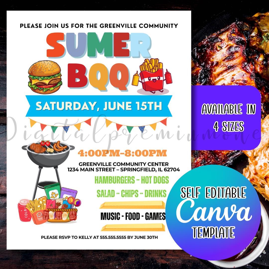 Editable Backyard BBQ Party Invitation, Summer Cookout (canva Template ...