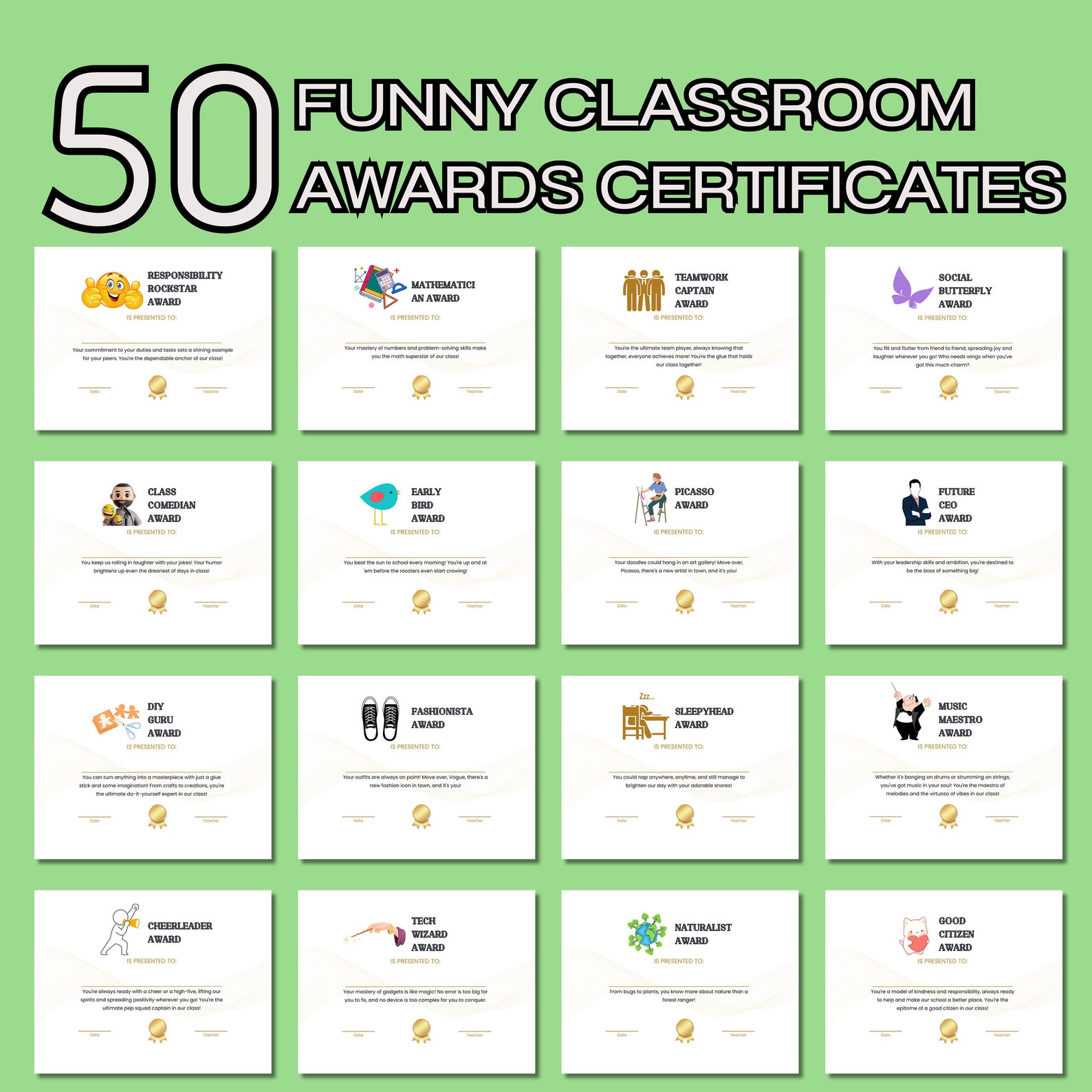 Funny Classroom Awards Certificates Editable in Canva, End of School ...