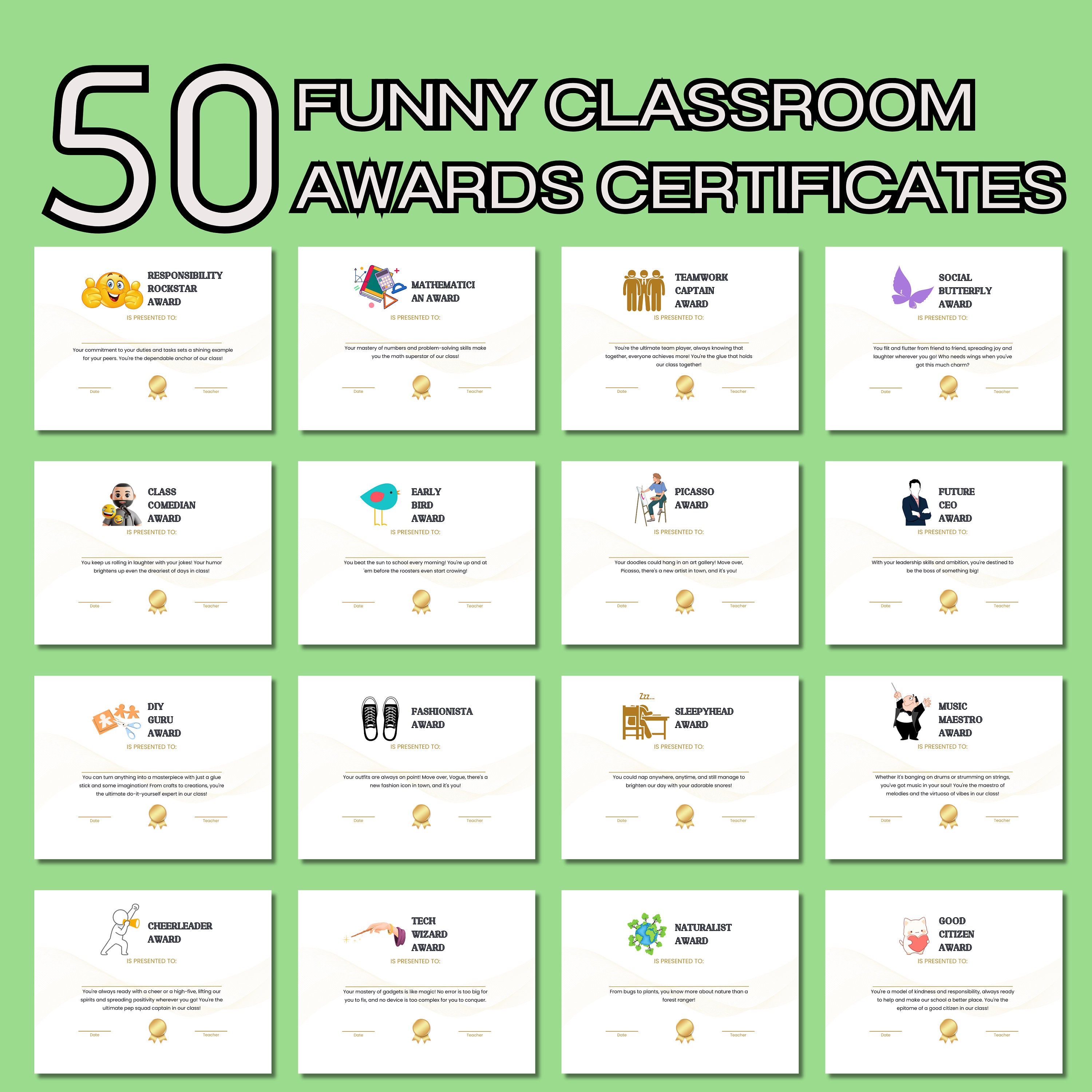 Funny Classroom Awards Certificates Editable in Canva, End of School ...