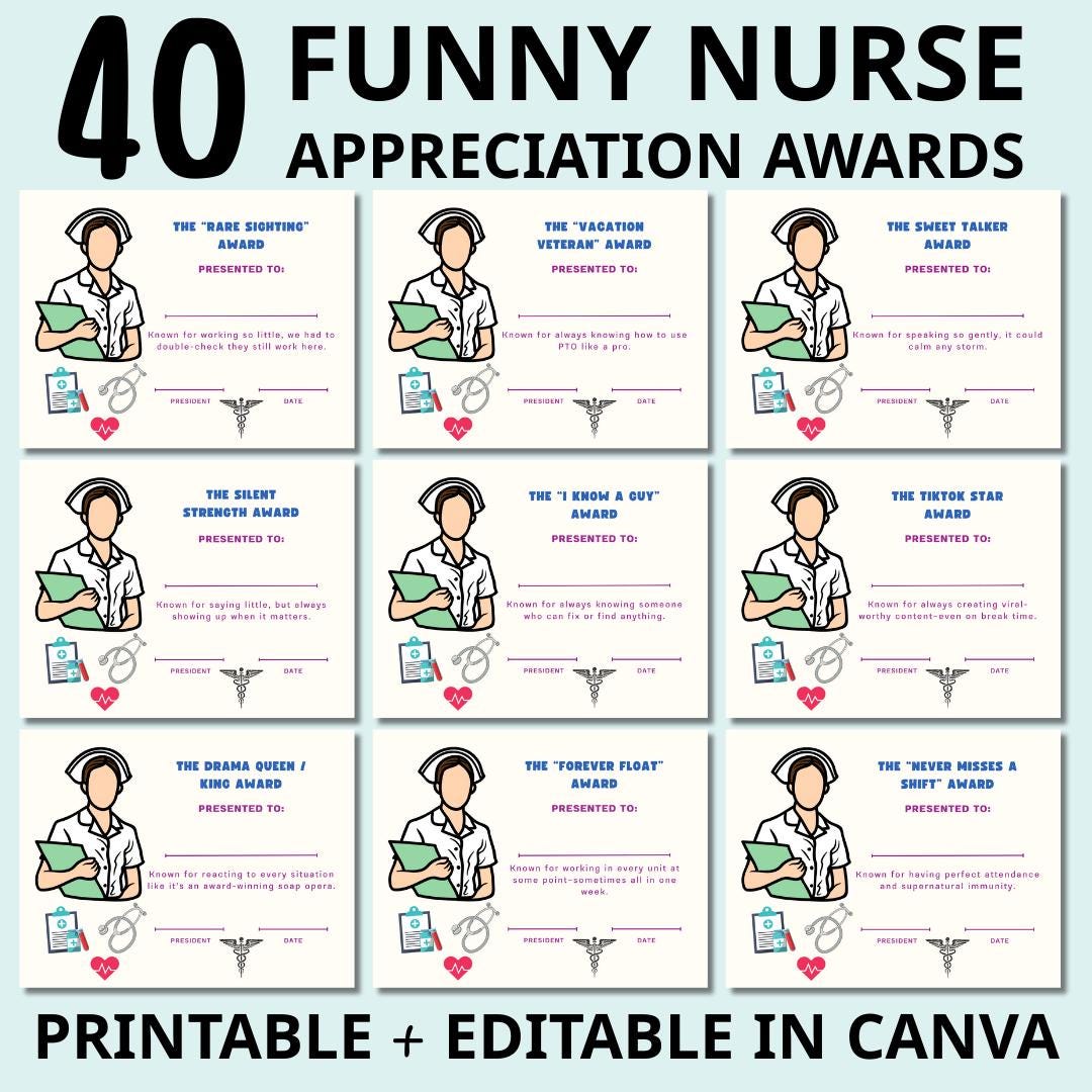 Funny Nurse Appreciation Awards: 40 Printable Certificates (editable ...