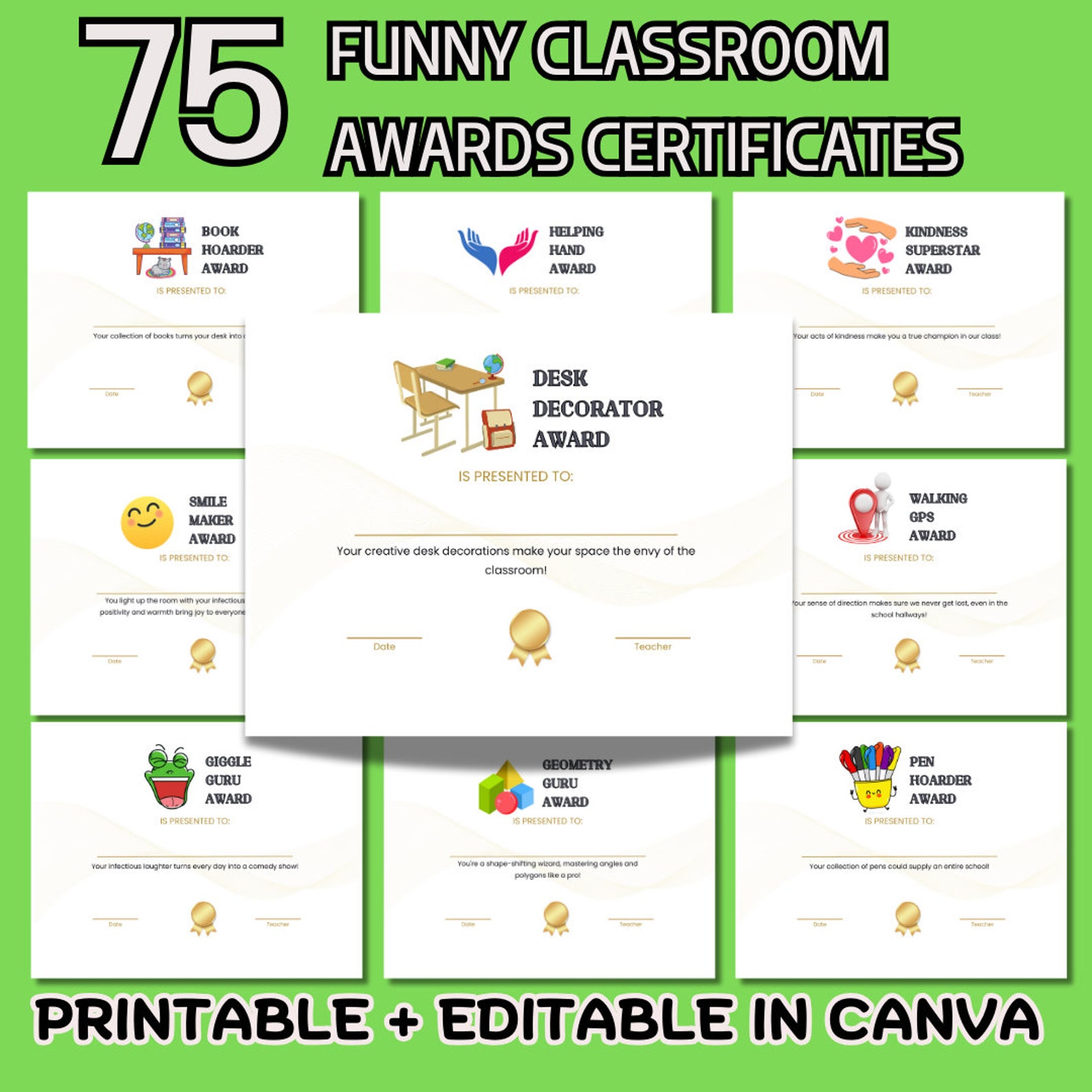 Funny Classroom Awards Certificates Editable in Canva, End of School ...