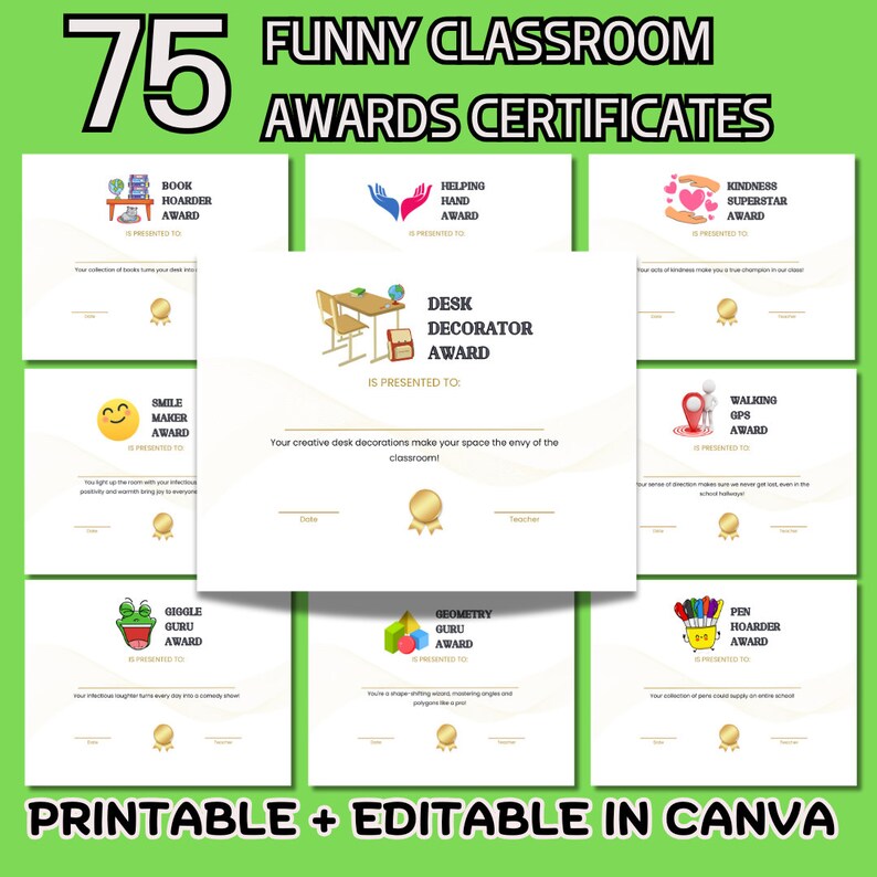 Funny Classroom Awards Certificates Editable in Canva, End of School ...