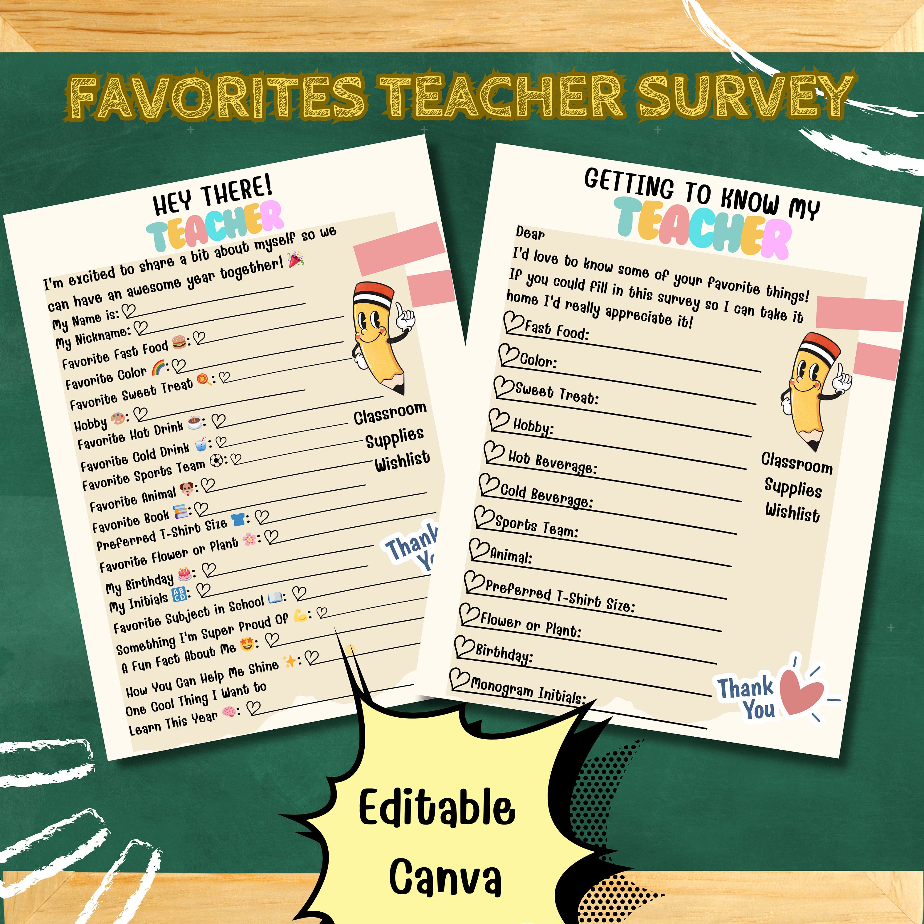 Favorites Teacher Survey - Editable Canva Template - Printable Back to ...