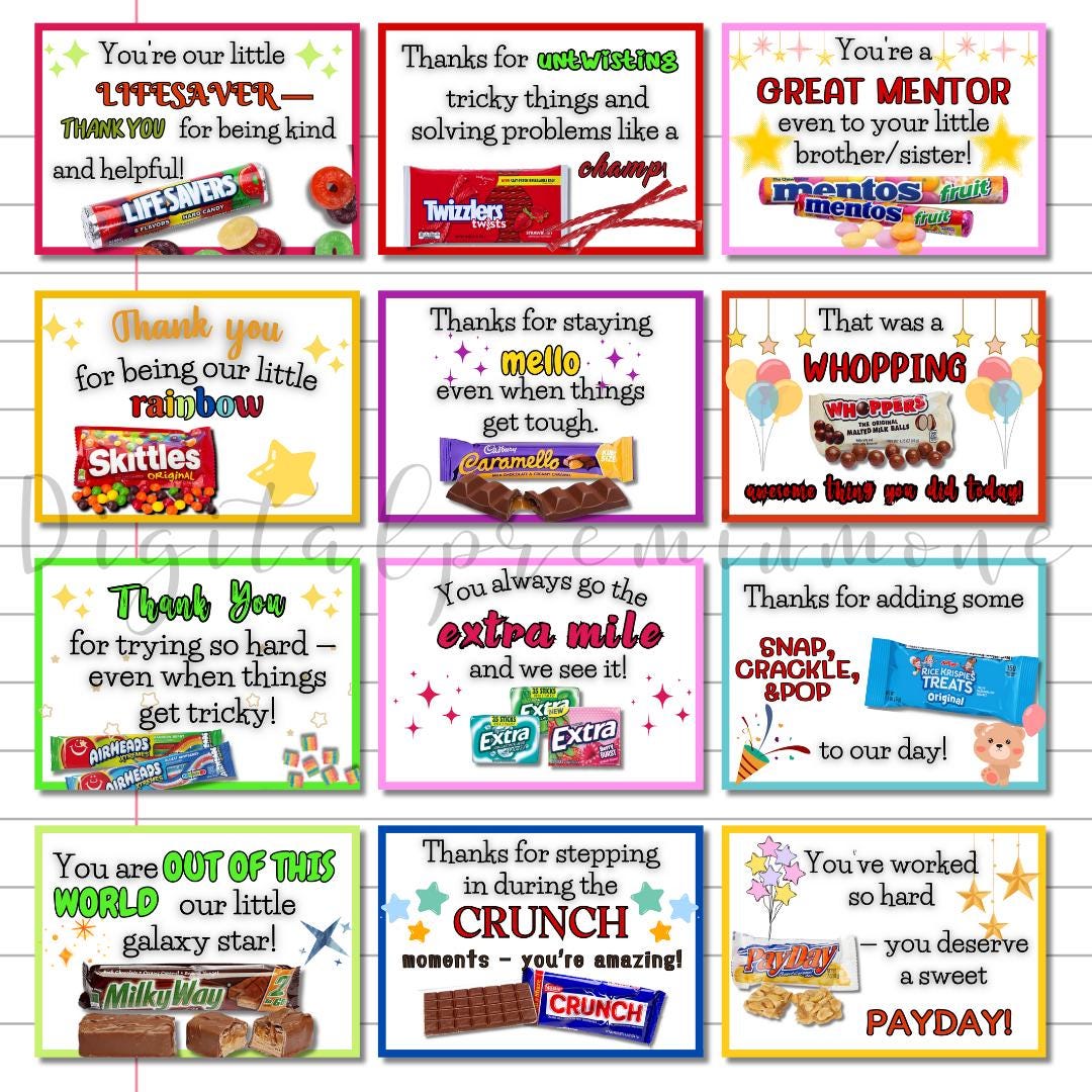 Candy Gift Tags for Kids: Printable Lunchbox Notes (PDF Download) - Etsy