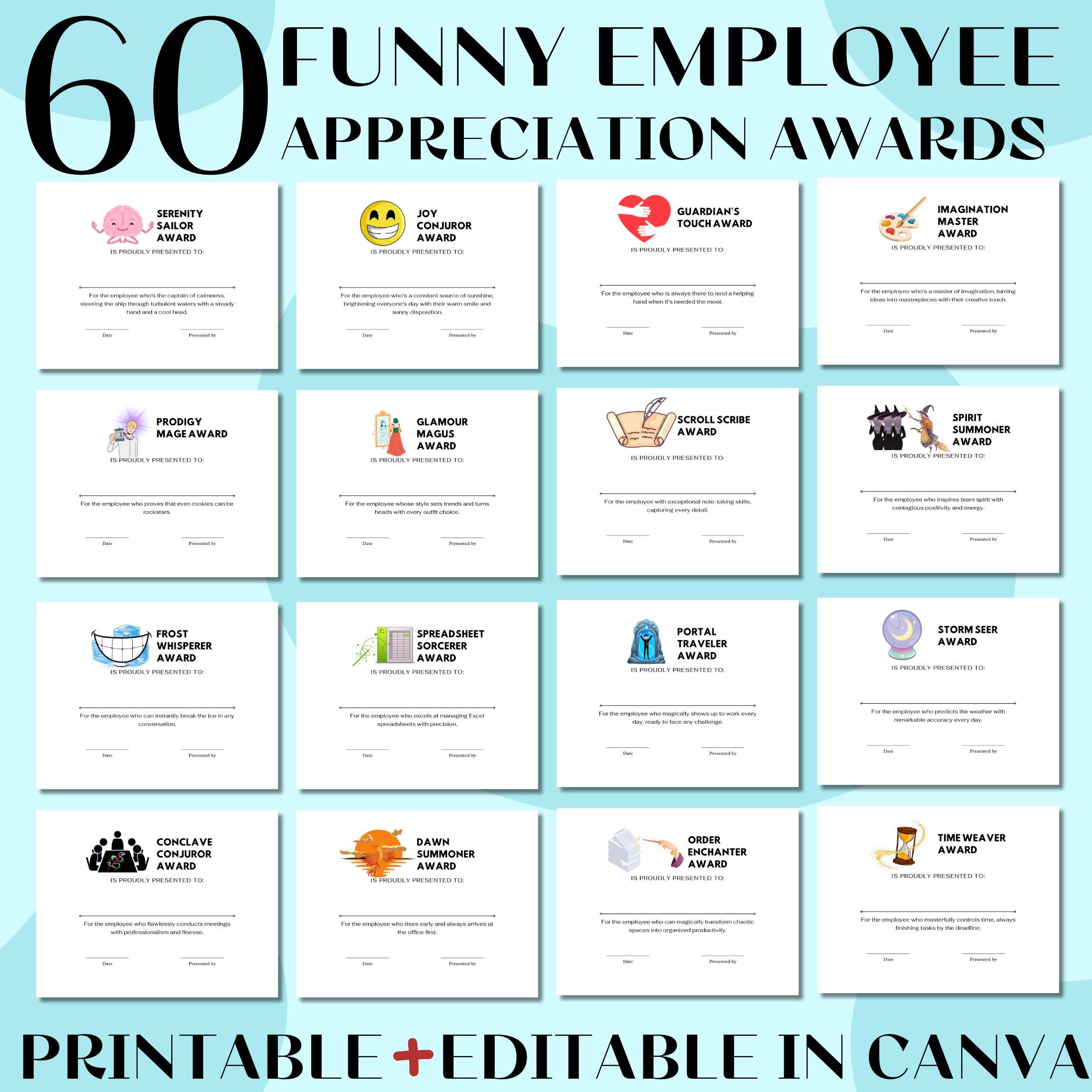 Funny Employee Appreciation Awards: 60 Printable Certificates (editable ...
