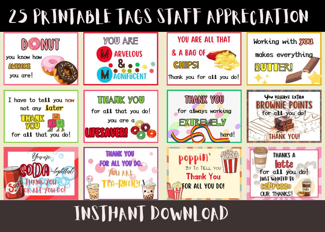 Employee Appreciation |employee Candy Bar Gift Tags Thank You Notes for ...