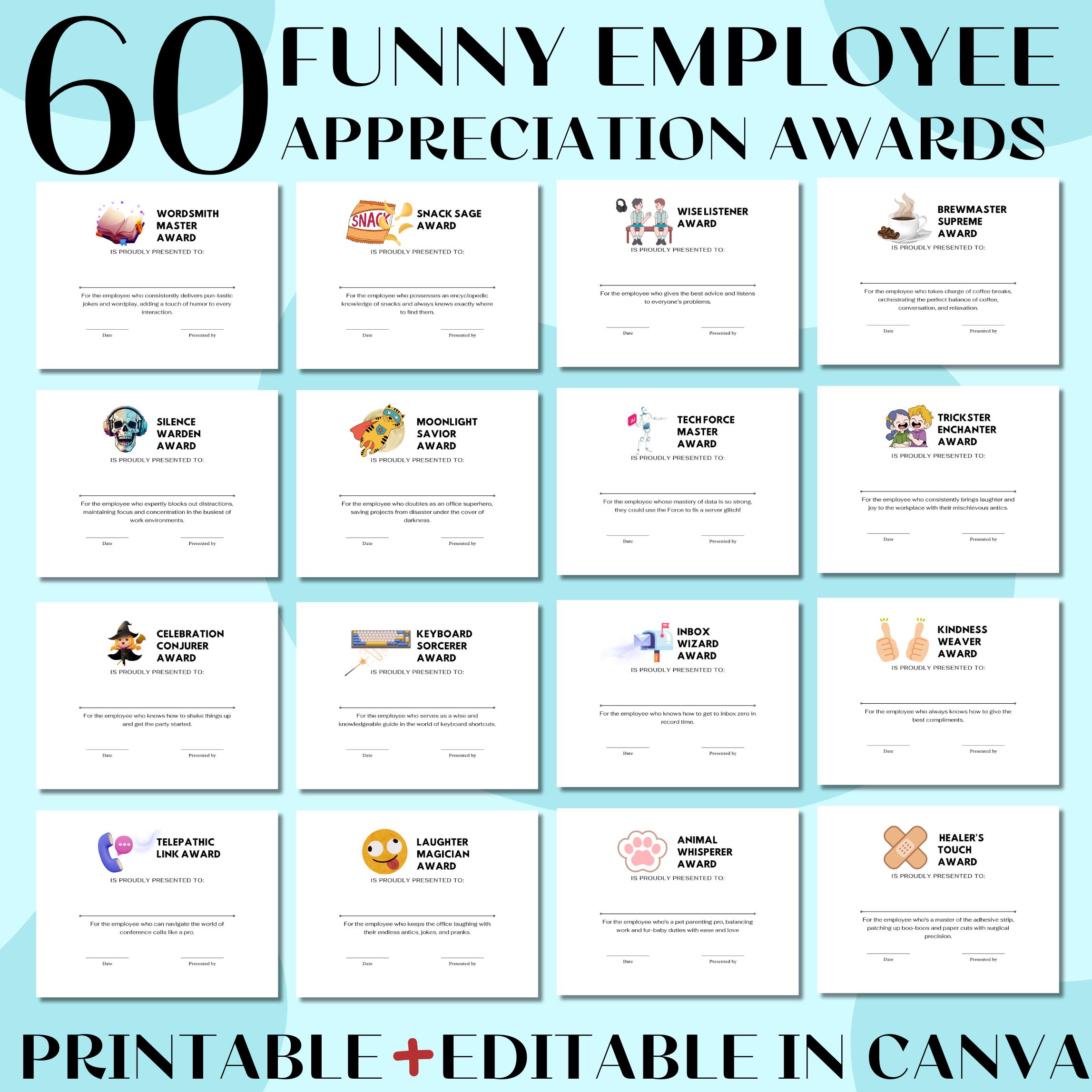 Funny Employee Appreciation Awards: 60 Printable Certificates (editable ...