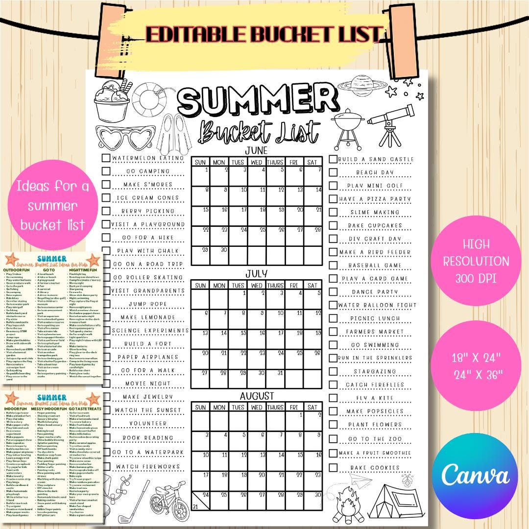 Editable Summer Calendar Poster Printables 2025 | Summer Fun Bucket ...