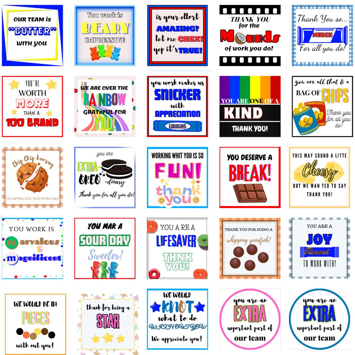 Employee Appreciation Treat Tags: 25 Snack & Candy Designs (digital ...