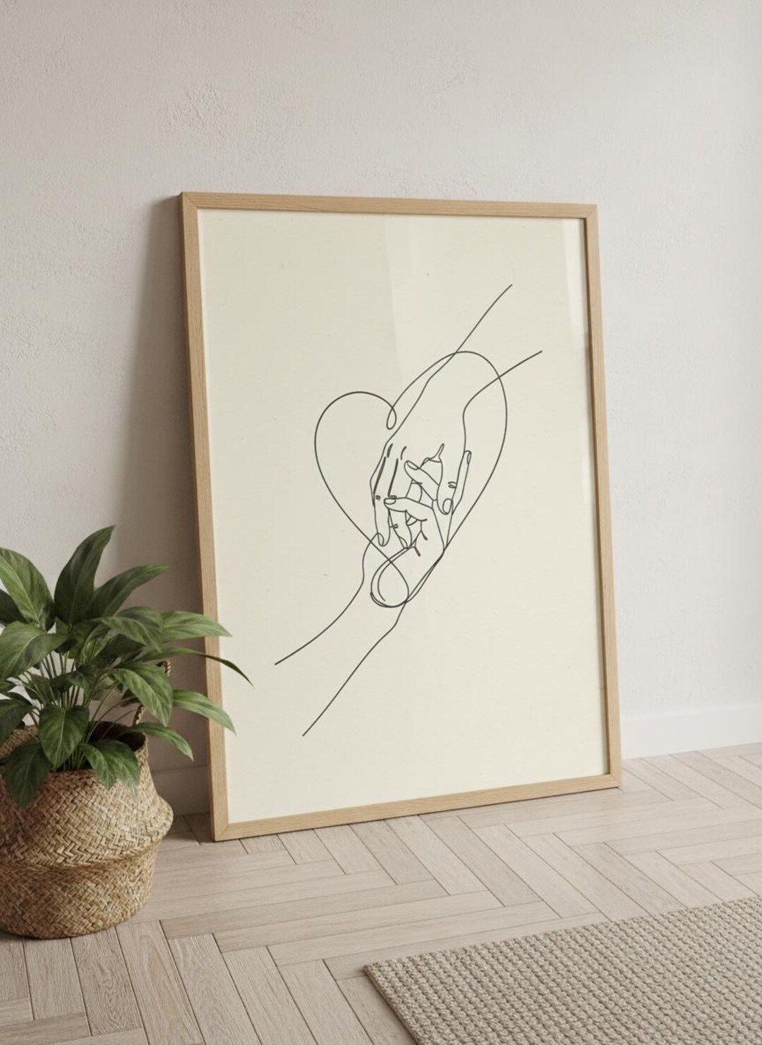 Black Line Art Holding Hands Heart Wall Decor, Beige Minimalist Sketch ...