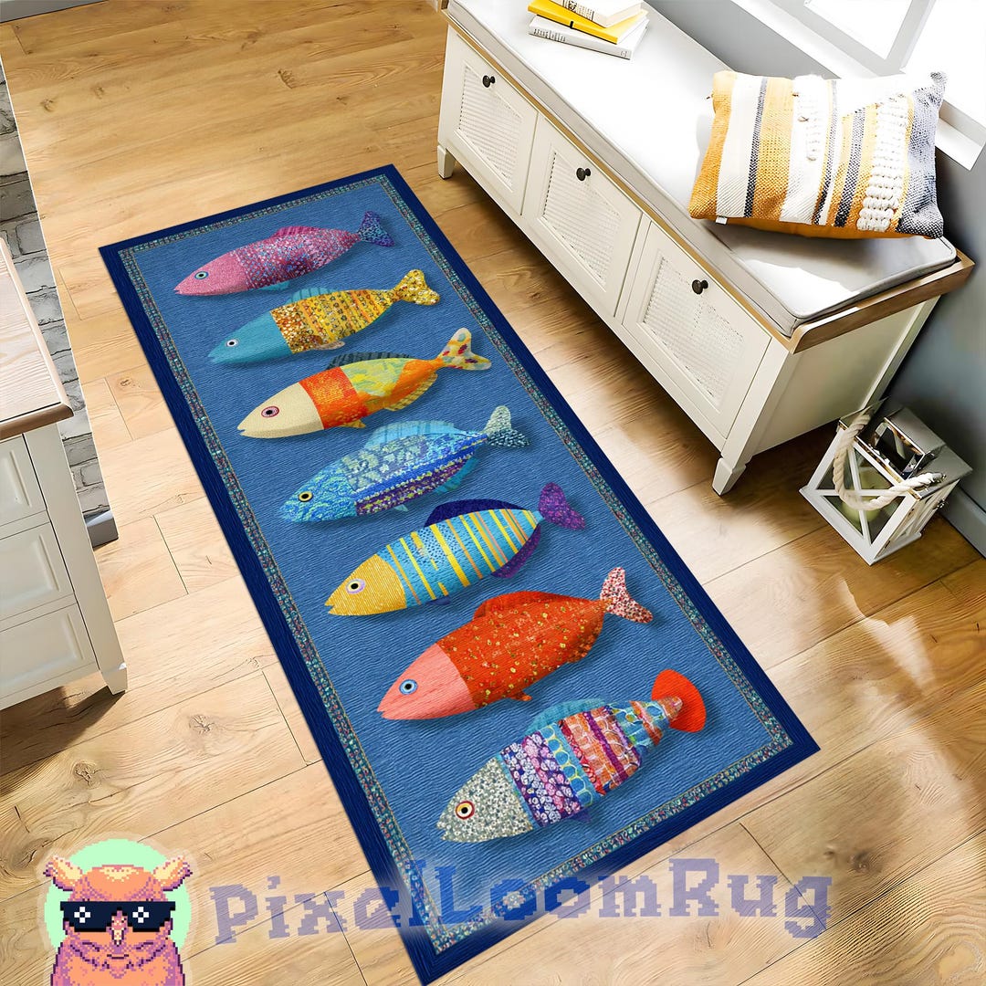 Colorful Fish Rug Runner, Whimsical Hallway Rug, Coastal Accent Rug for ...