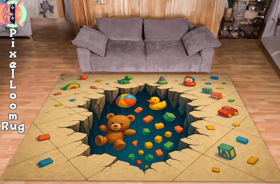 3D Kids Toy Pit Rug – Optical Illusion Carpet With Teddy Bear & Blocks ...