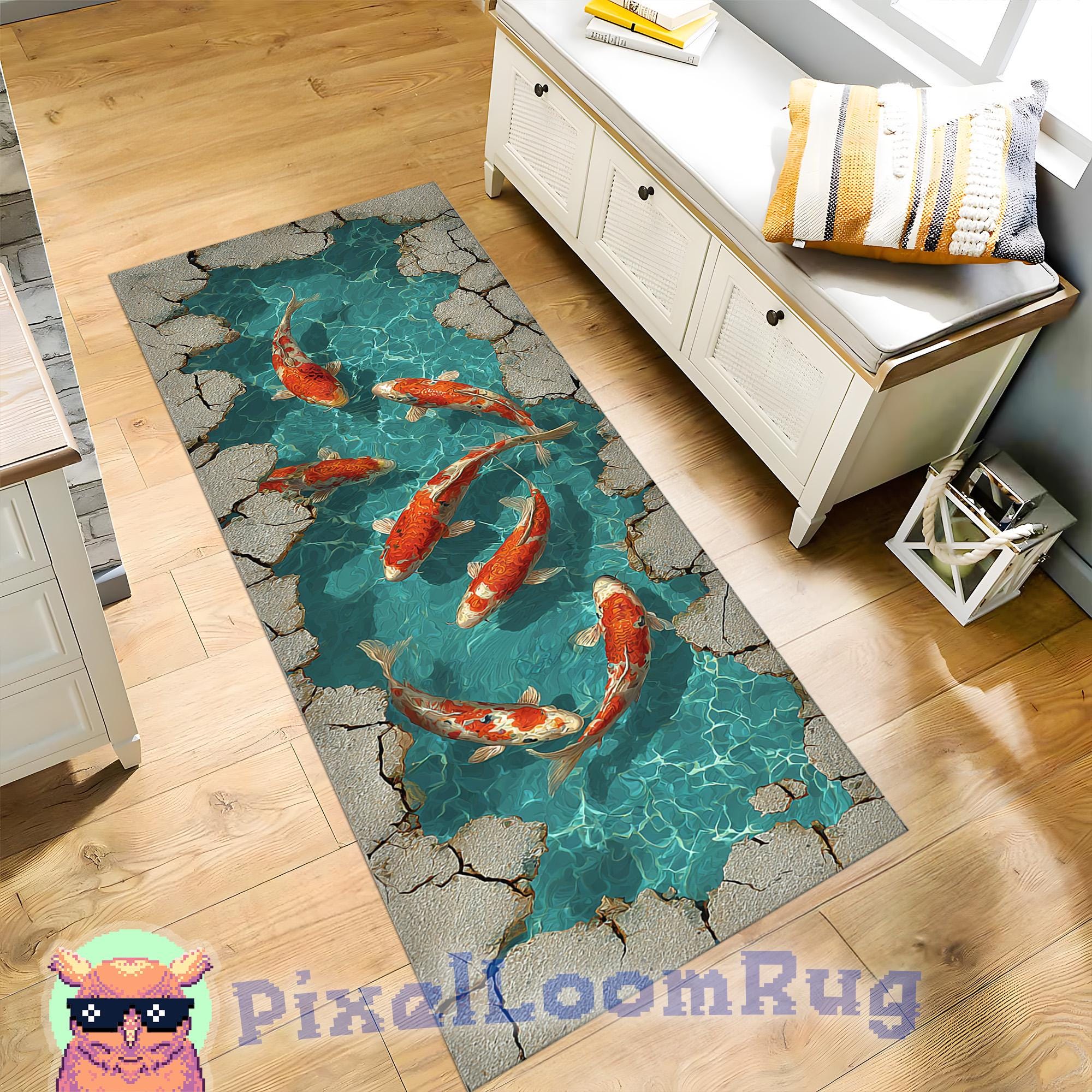 Koi Pond Rug Runner, Realistic 3D Water Floor Mat, Japanese Zen Fish ...