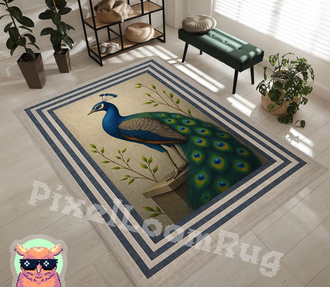 Regal Peacock Rug - Elegant Blue Green Bird Design for Living Room - Etsy
