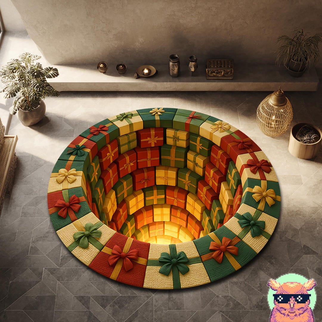 3D Christmas Gift Pit Rug – Round Optical Illusion Carpet With Stacked ...