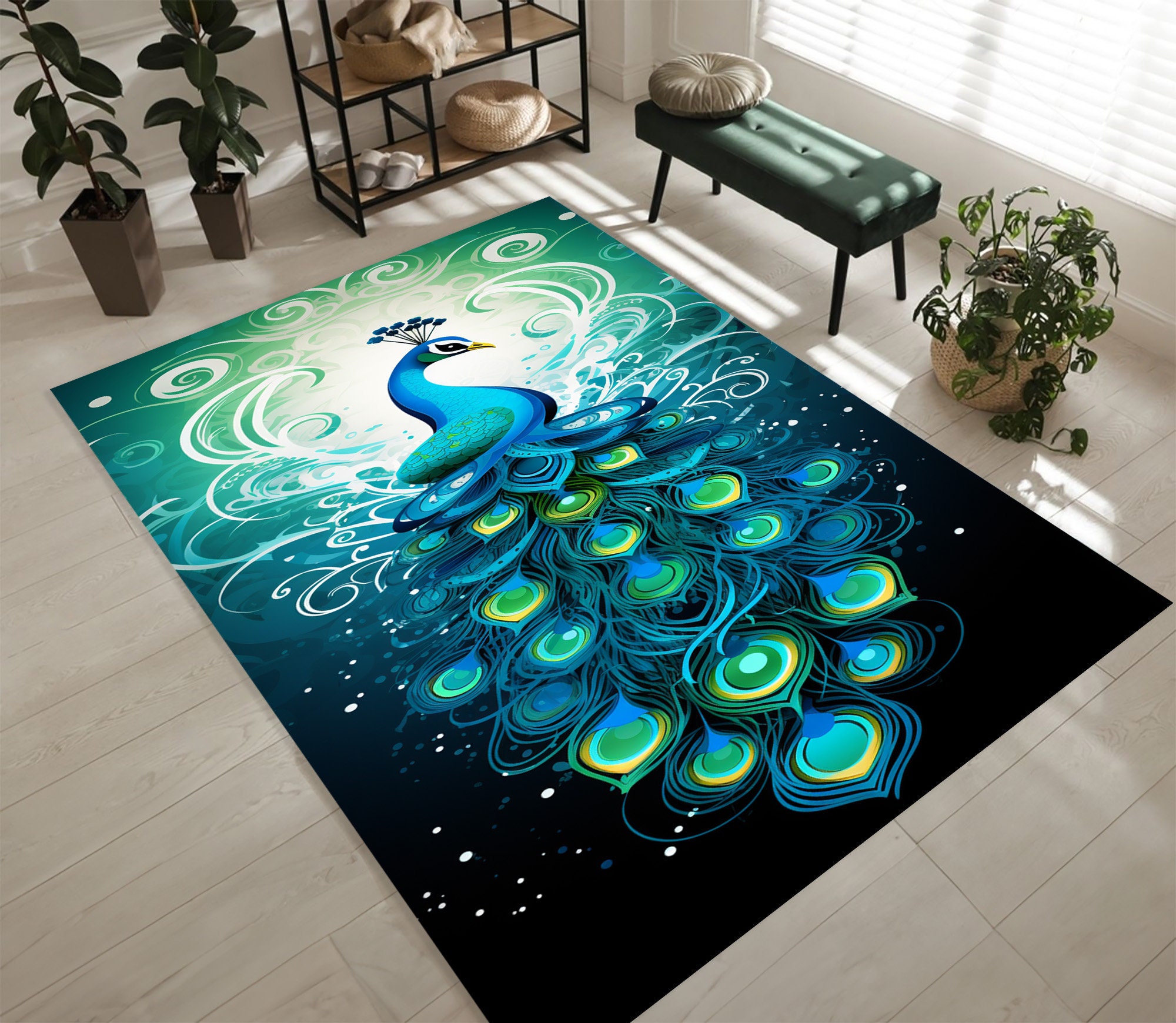 Animal Design Rug , Peacock Patterned Rug, Animal Decor Rug, Decorative ...