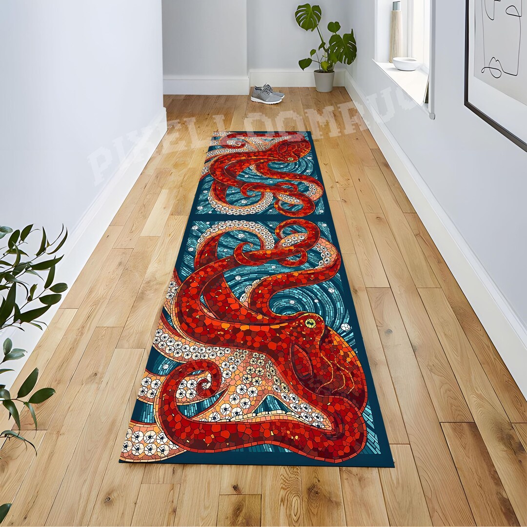 Octopus Mosaic Runner Rug – Red Sea Creature Hallway Carpet, Nautical ...