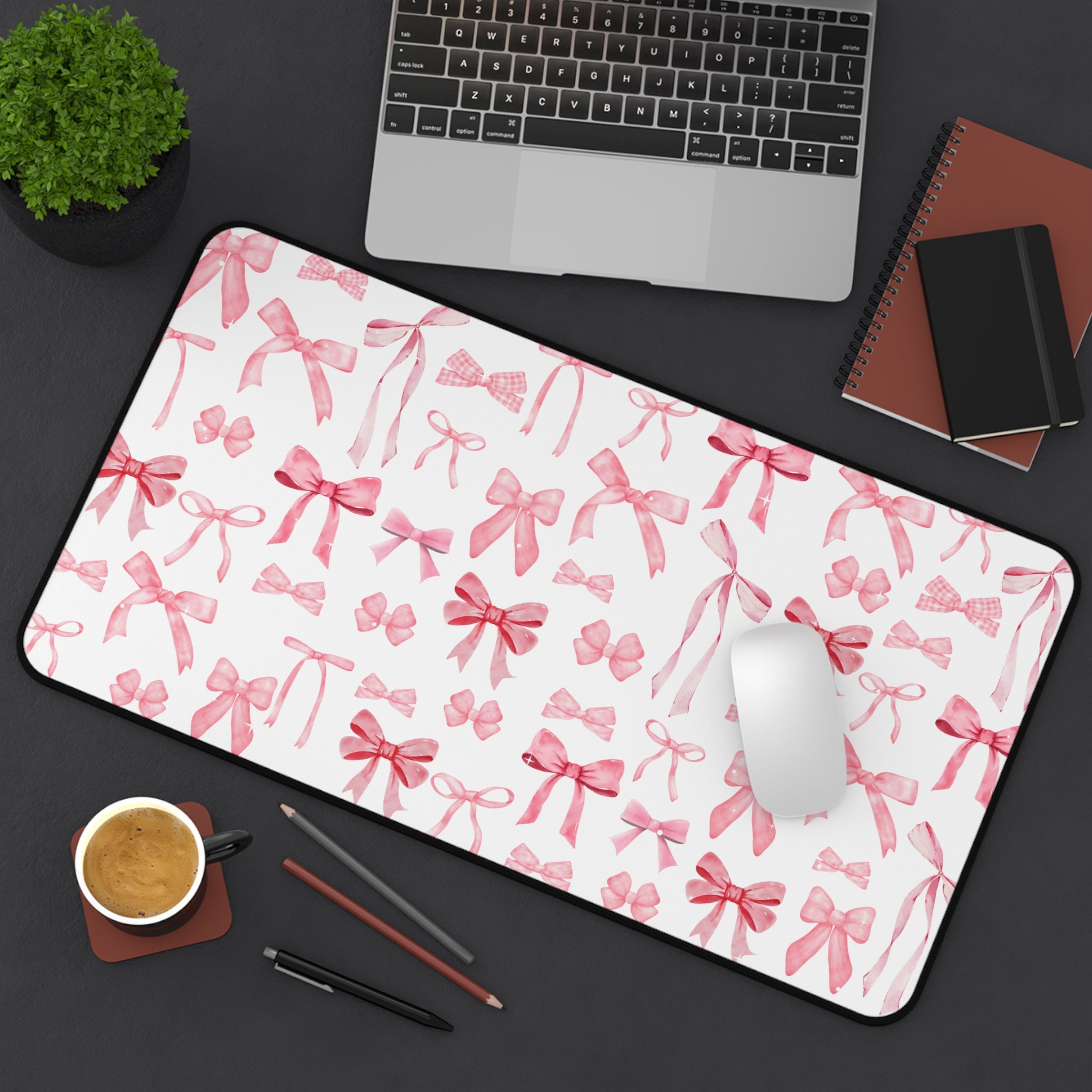 Trendy Pink Bows Coquette Desk Mat Mouse Pad, Preppy Aesthetic Desk ...