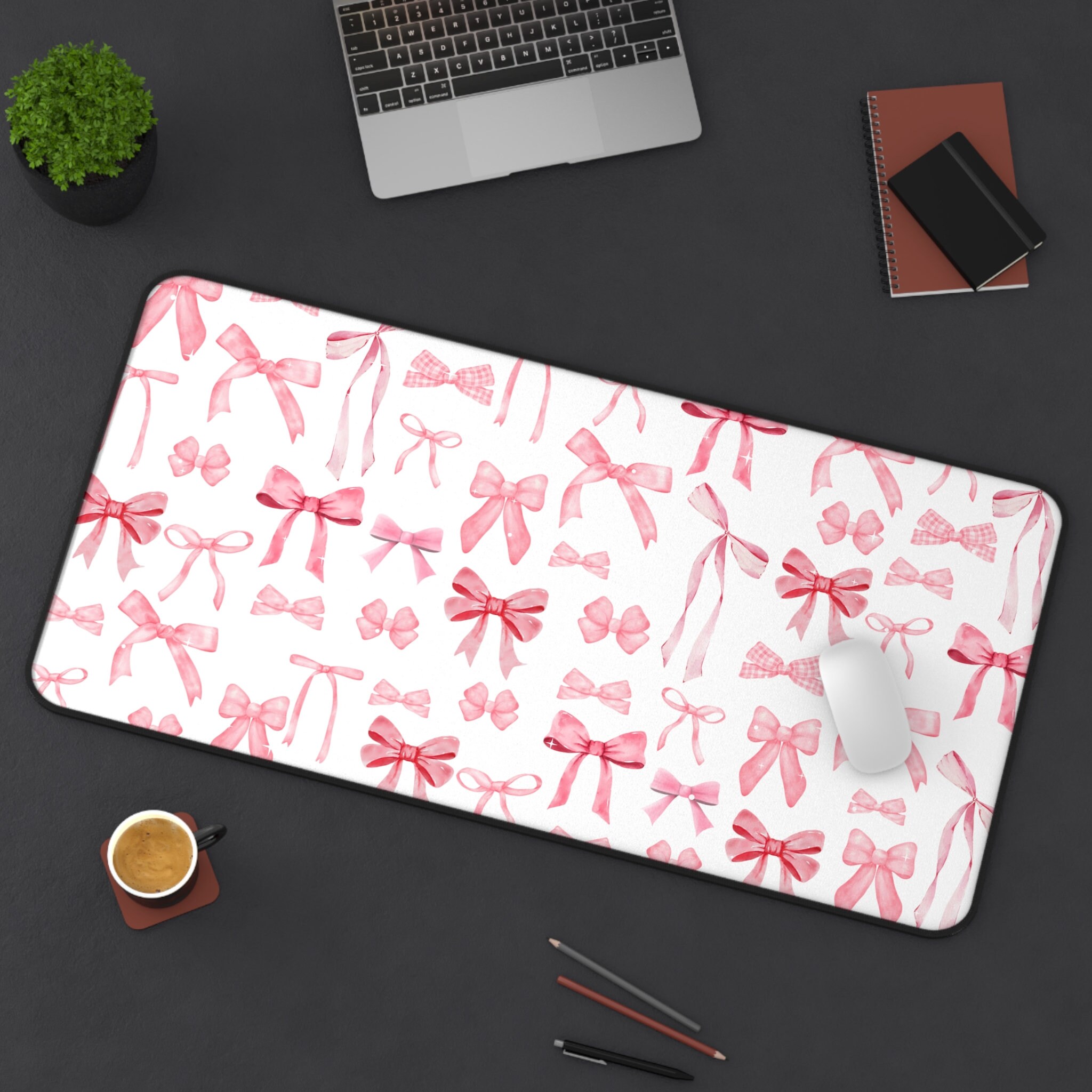 Trendy Pink Bows Coquette Desk Mat Mouse Pad, Preppy Aesthetic Desk ...