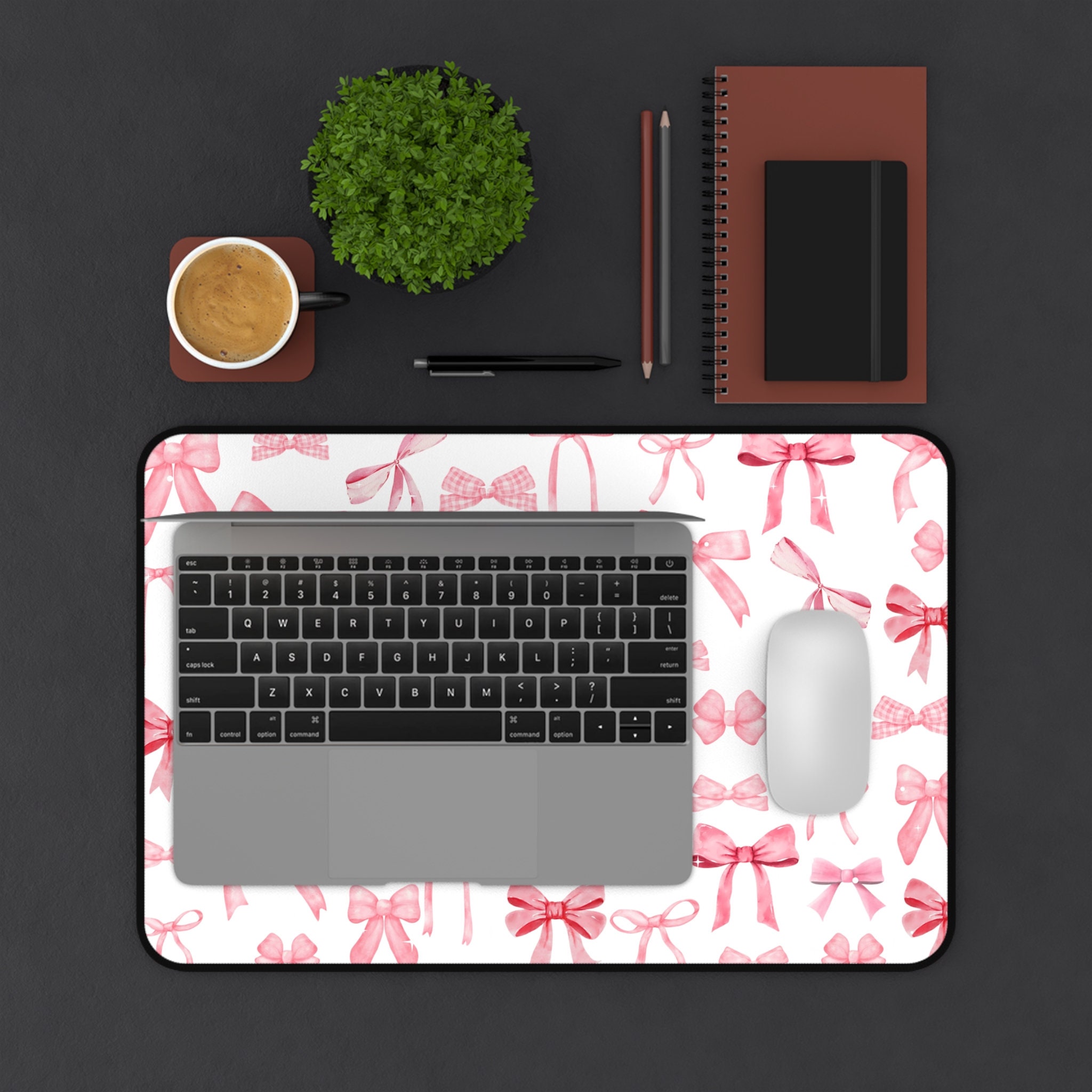Trendy Pink Bows Coquette Desk Mat Mouse Pad, Preppy Aesthetic Desk ...
