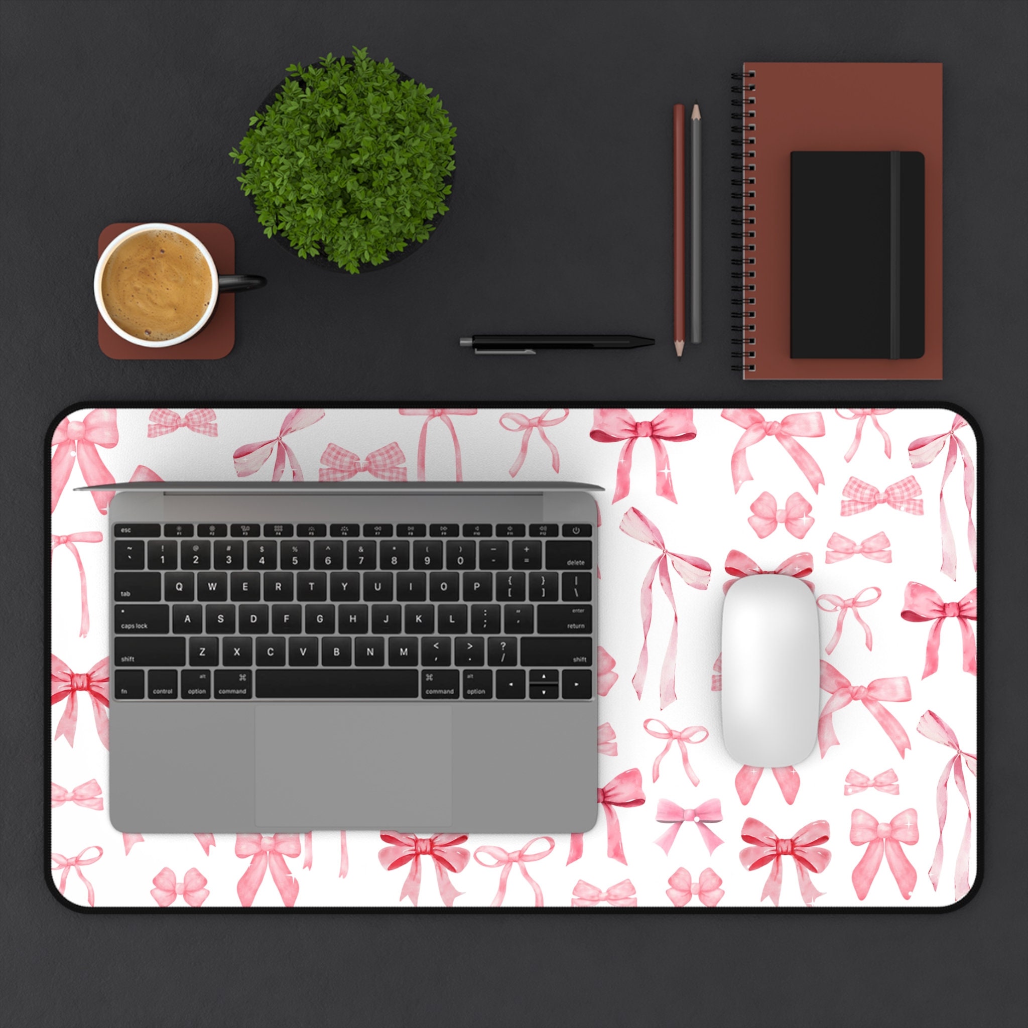 Trendy Pink Bows Coquette Desk Mat Mouse Pad, Preppy Aesthetic Desk ...