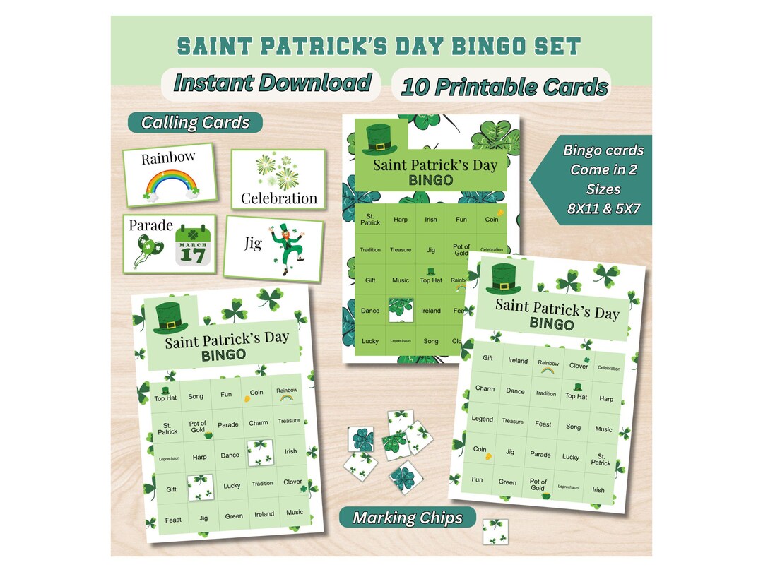 Saint Patrick's Day Bingo Cards, Printable Saint Pattys Day Bingo Game ...