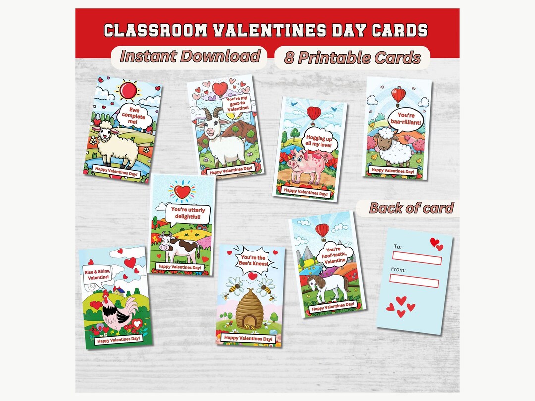 Cute Farm Animal Printable Valentine's Day Cards, Animal Classroom ...
