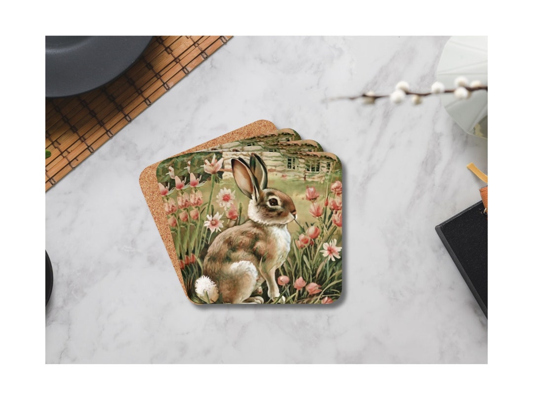 Rustic Beverage Coasters, Rabbit Decor, Cool Coasters Set, Vintage ...