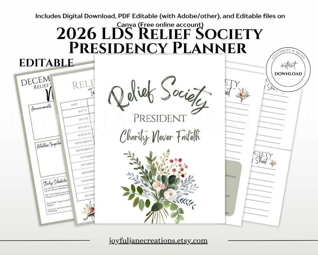 LDS Relief Society Presidency Planner Binder, Editable RS Newsletter ...