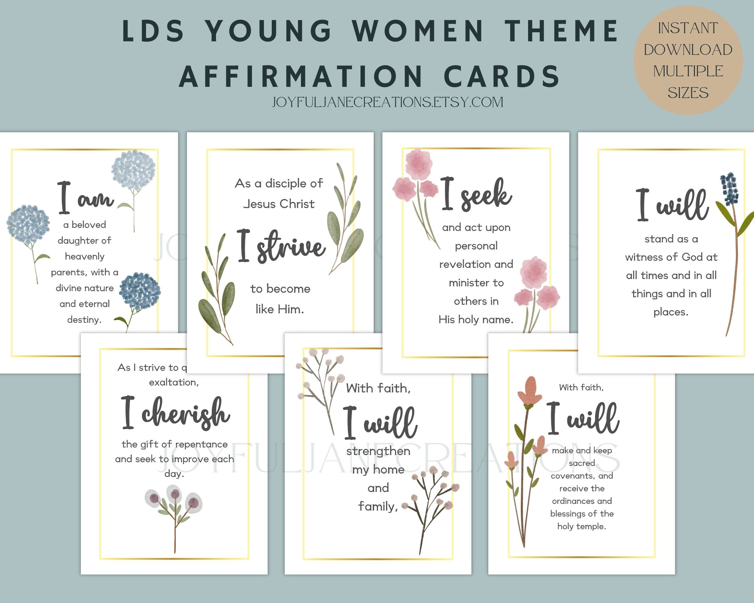 LDS Young Women Theme Printable Cards for Affirmation of Young Women ...