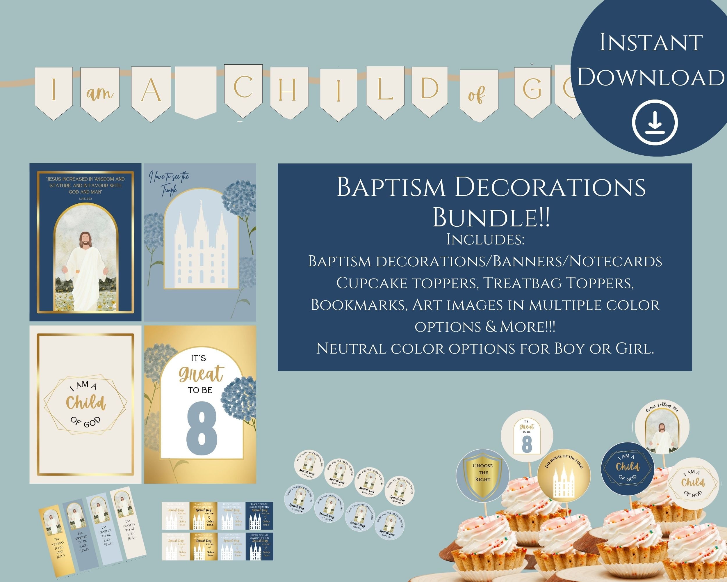 LDS Baptism Decorations Kit, Baptism Bundle With Neutral Colors for Boy ...