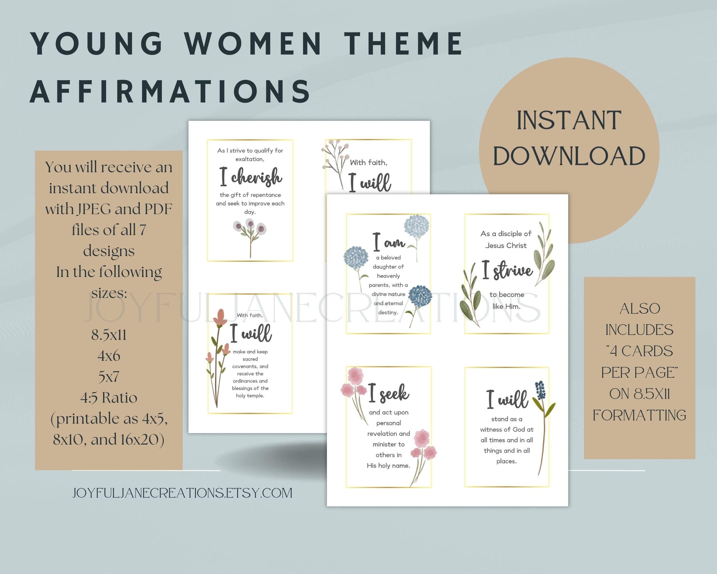 LDS Young Women Theme Printable Cards for Affirmation of Young Women ...