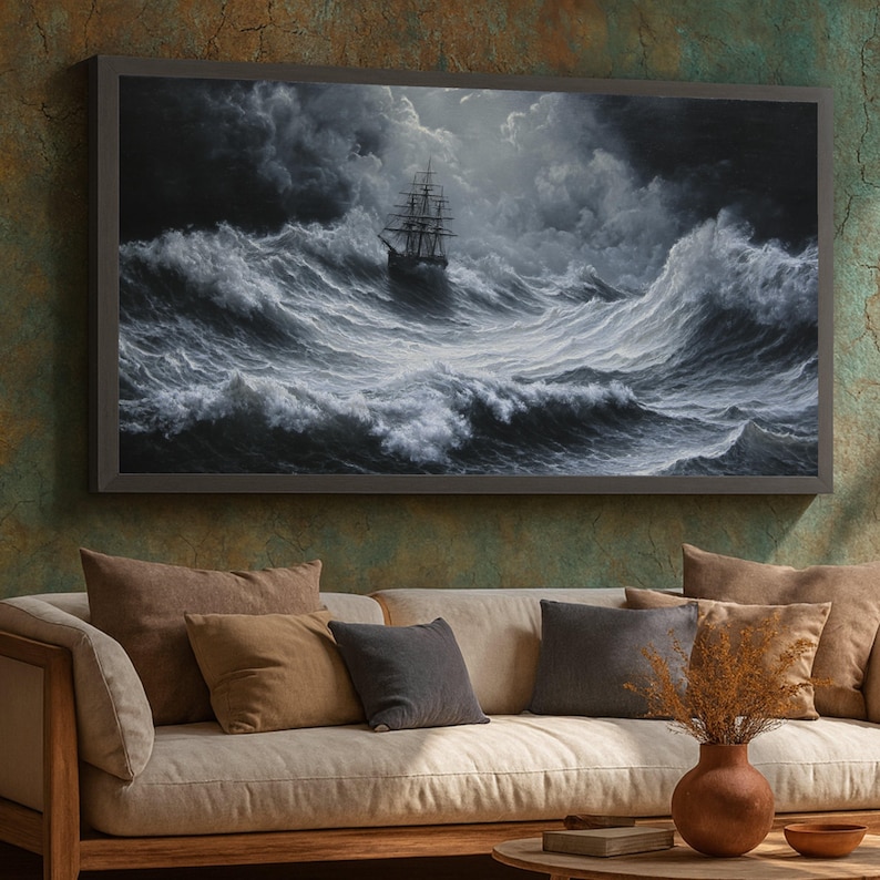 Quadro em tela com navio em mar tempestuoso, pintura de ondas escuras ...