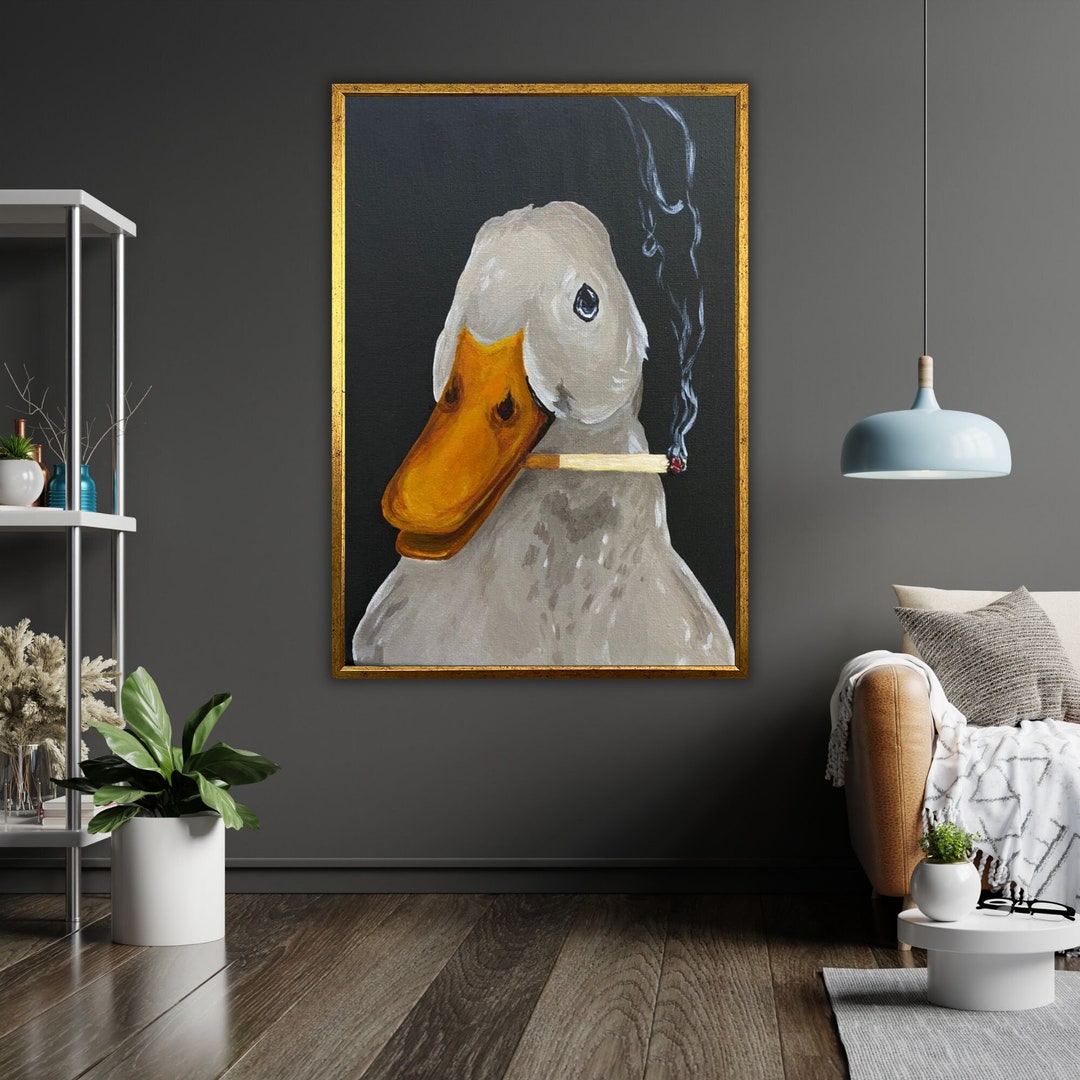 Smoking Duck Art Canvas, Home Decor Wall Art, Quirky Duck Painting ...