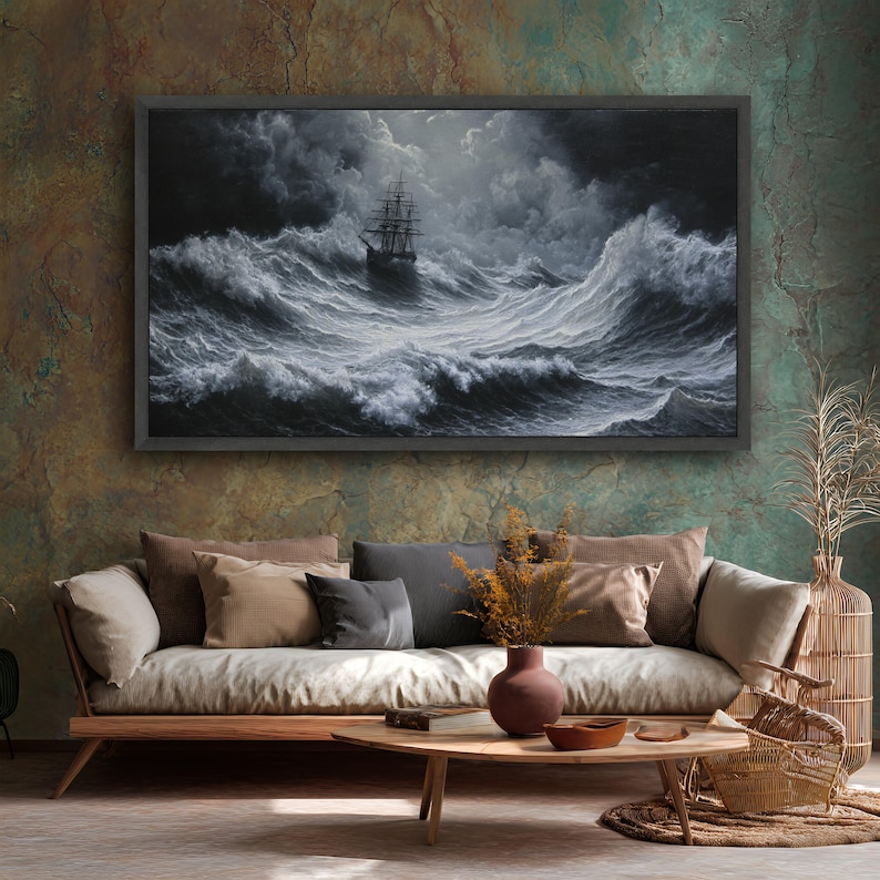 Quadro em tela com navio em mar tempestuoso, pintura de ondas escuras ...