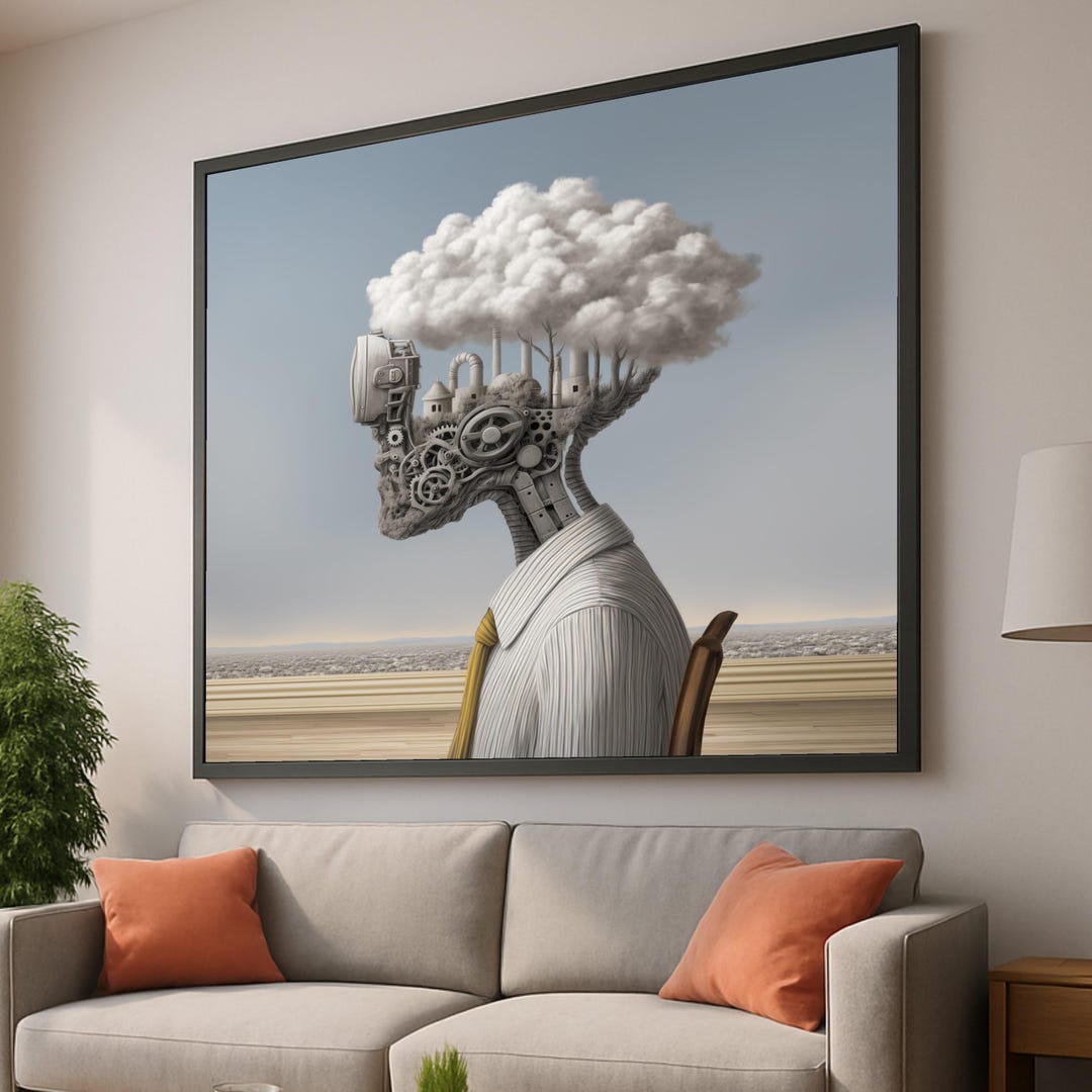 Surreal Industrial Mind, Mechanical Head With Factory Smoke Canvas ...