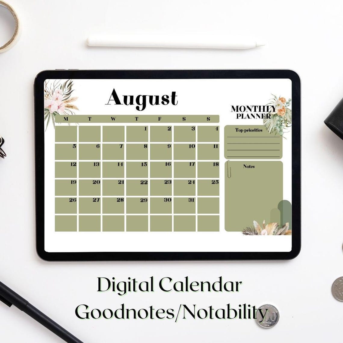 2024 Undated/dates August Monthly Calendar With Notes, Landscape ...