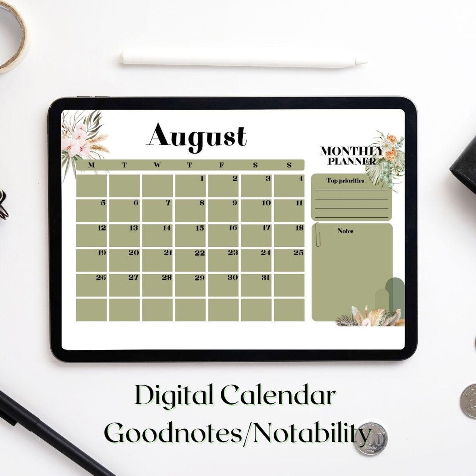 2024 Undated/dates August Monthly Calendar With Notes, Landscape ...