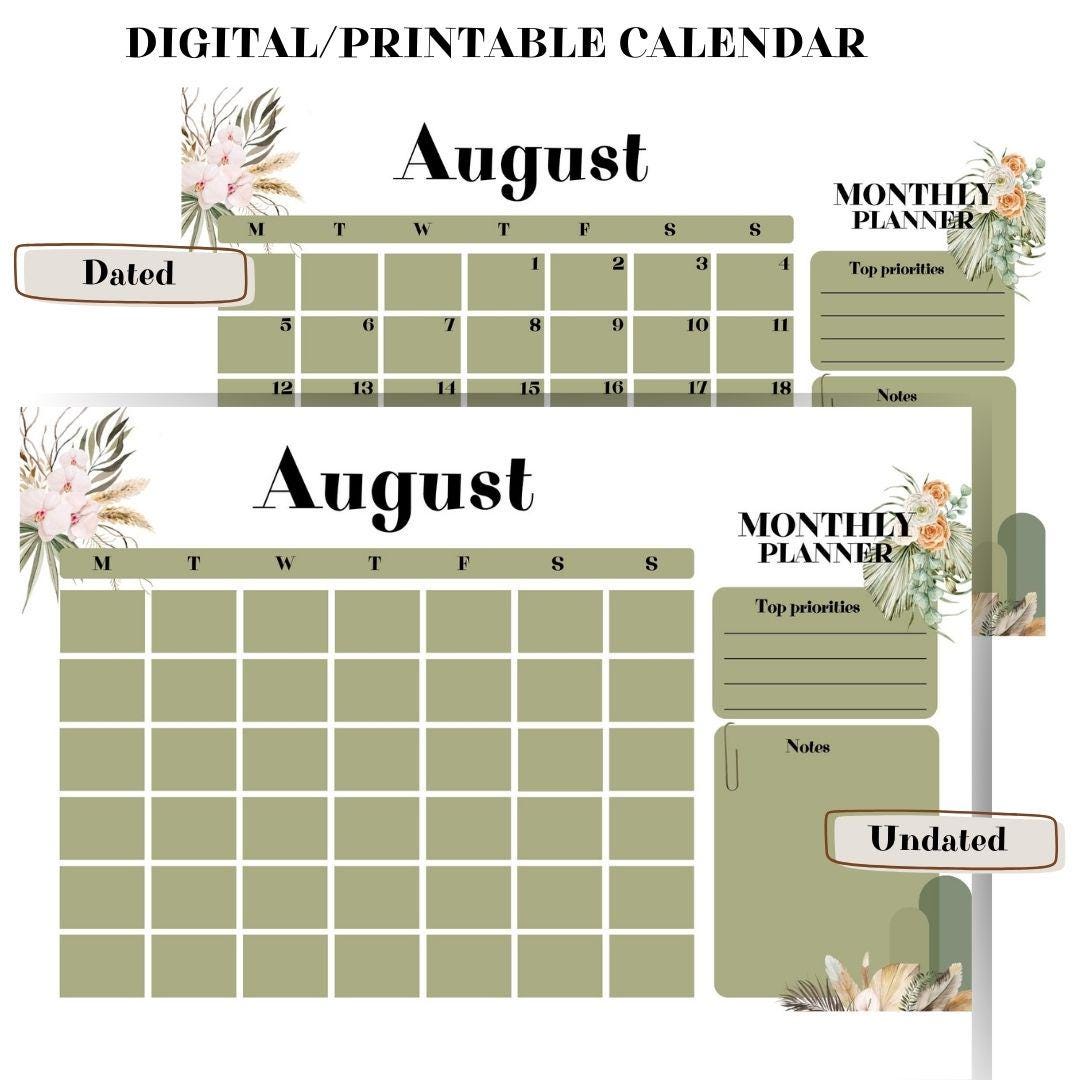 2024 Undated/dates August Monthly Calendar With Notes, Landscape ...