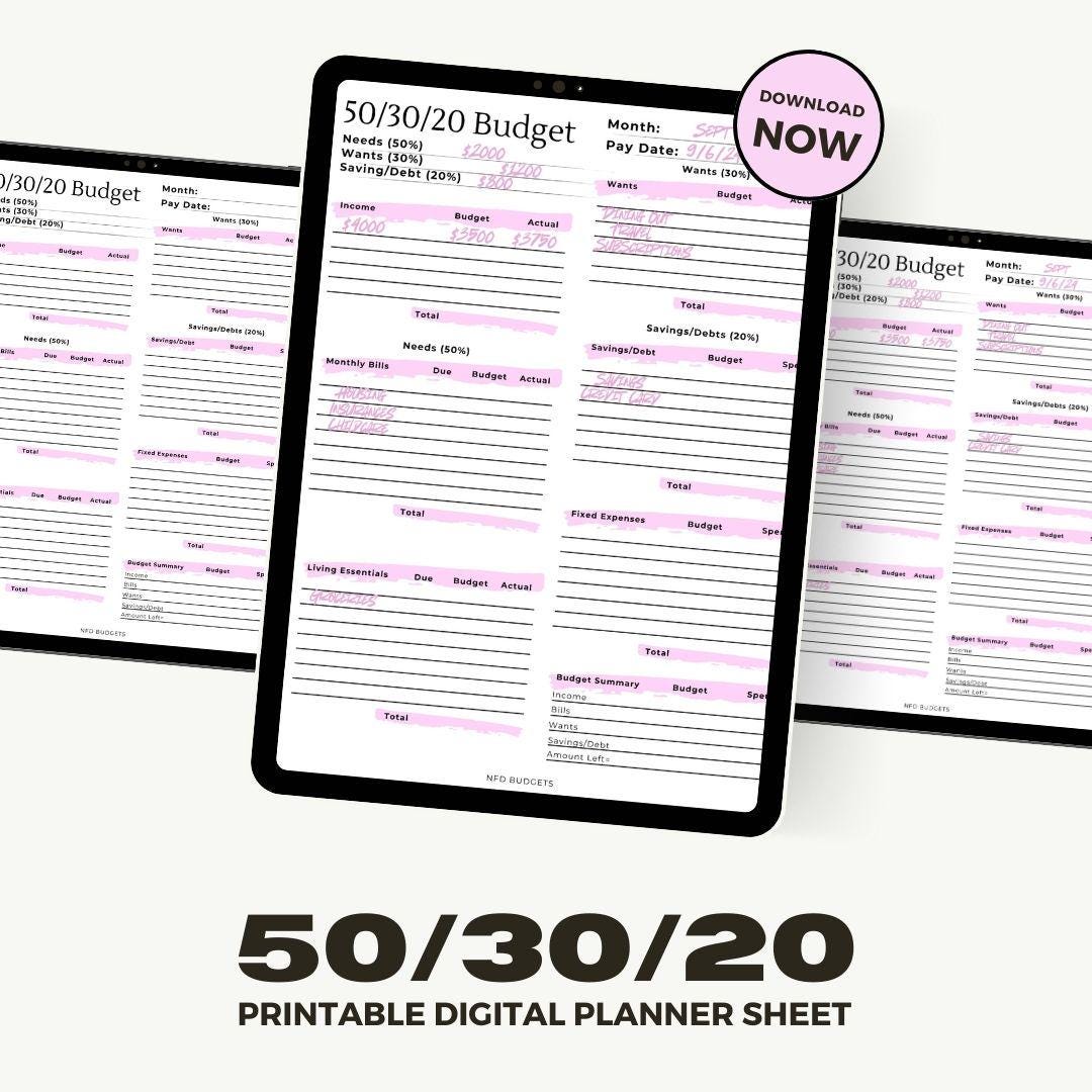 Budget Planner Printable PDF | 50/30/20 Rule Monthly Paycheck Tracker ...